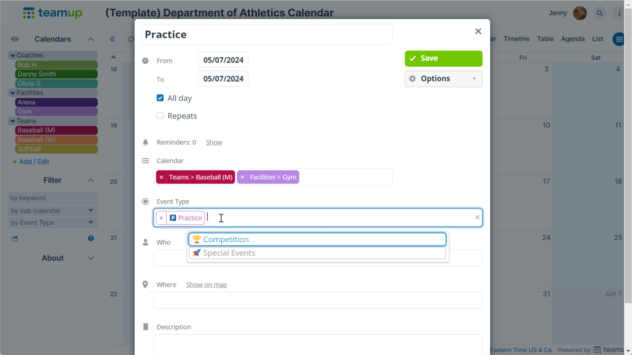 Schedule Template for Athletics Department - Teamup.com