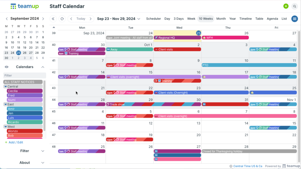 Staff Calendar Template for Multi-Location Business - Teamup.com